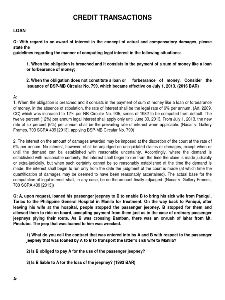 Credit Transactions Bar Exam Questions | PDF | Guarantee | Surety