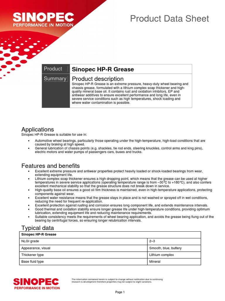 TDS Sinopec HP-R Grease en | PDF | Bearing (Mechanical) | Mechanical ...