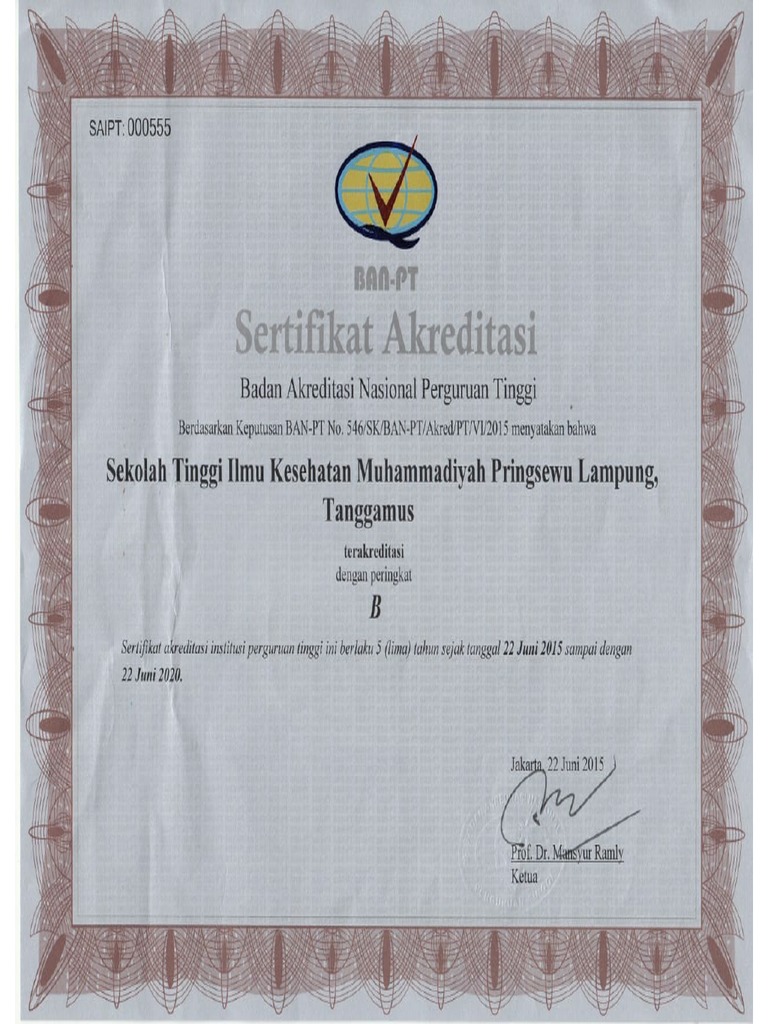 Sertifikat Akred BANPT Institusi STIKes MPL | PDF