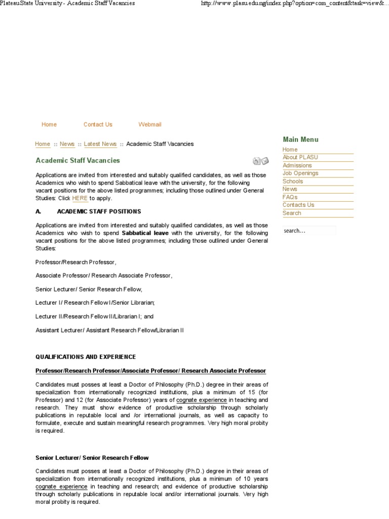 Plateau State University Job Openings | PDF | Doctor Of Philosophy ...