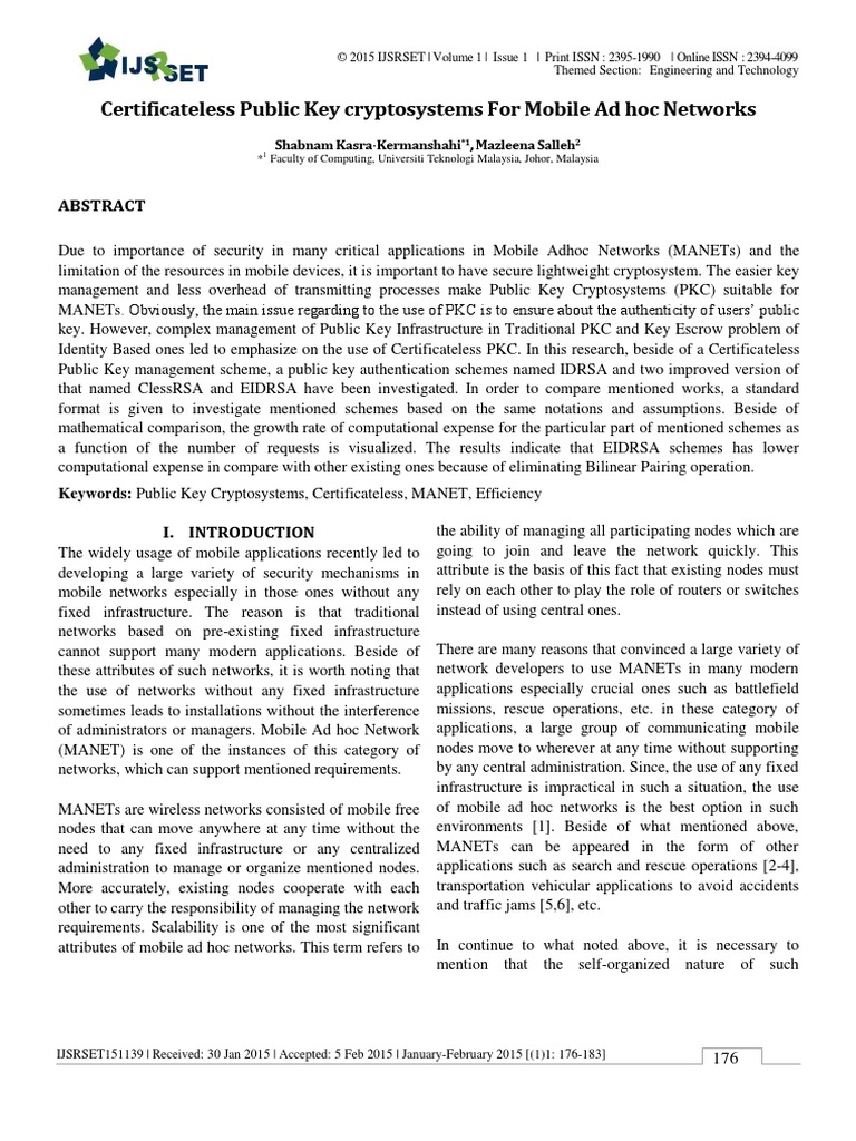 Certificateless Public Key Cryptosystems For Mobile Ad Hoc Networks | PDF | Public Key ...