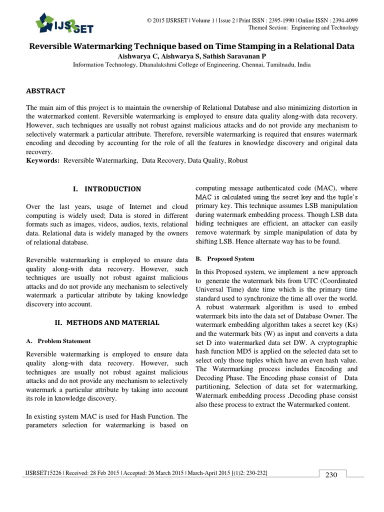 Reversible Watermarking Technique Based On Time Stamping in A Relational Data | PDF | Relational ...