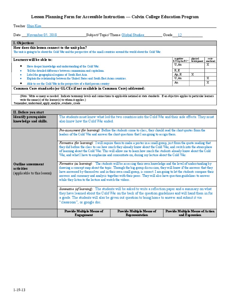 Lesson Plan Cold War Unit Plan 1 | PDF | Question | Pedagogy