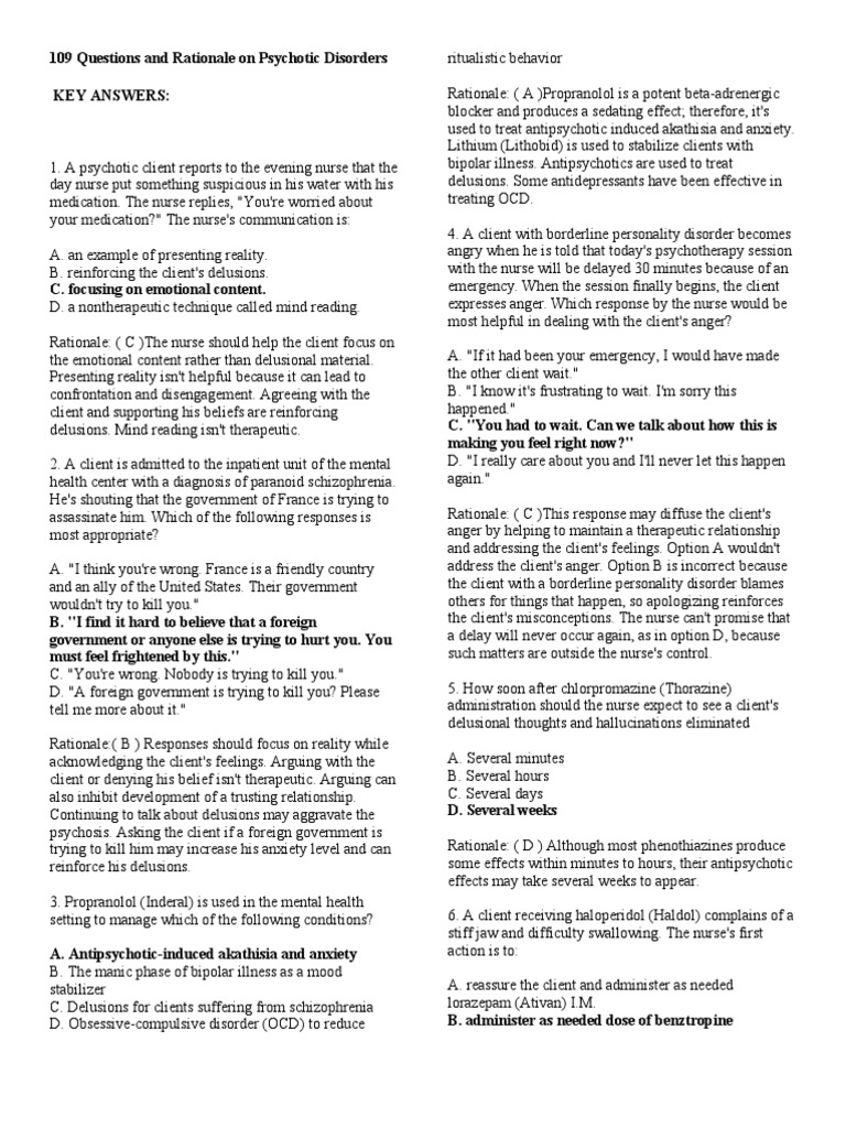 KEY ANSWERS.109 Questions and Rationale On Psychotic Disorders | PDF ...