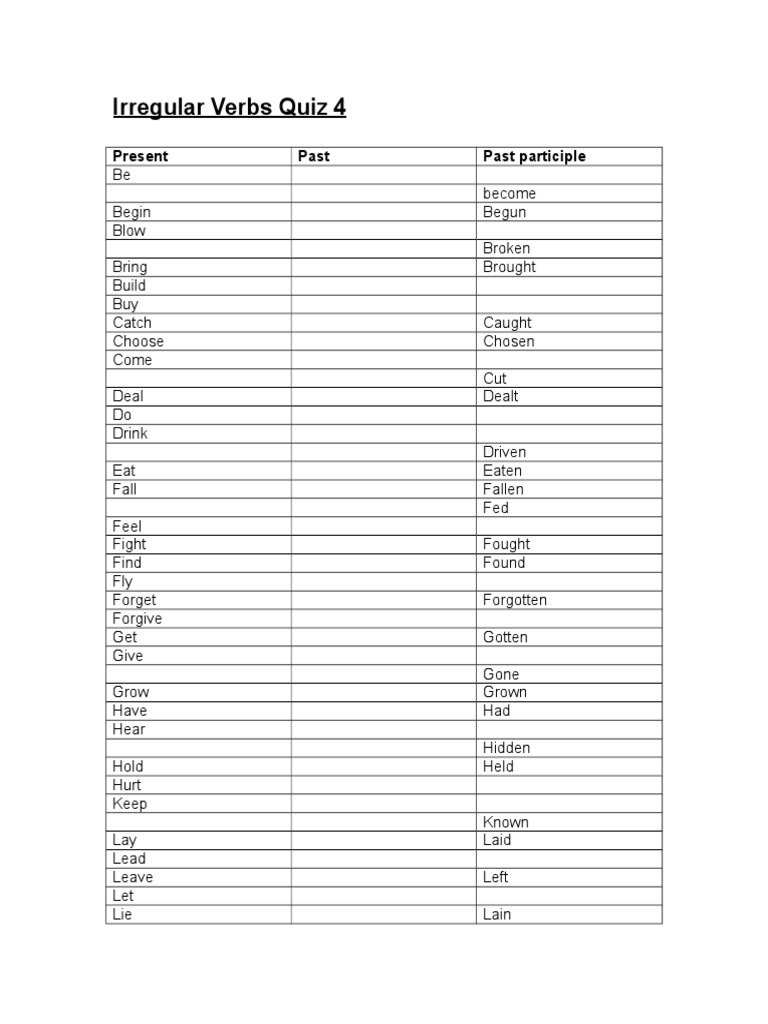 BL - Grammar - Irregular Verbs Quiz 4 | PDF