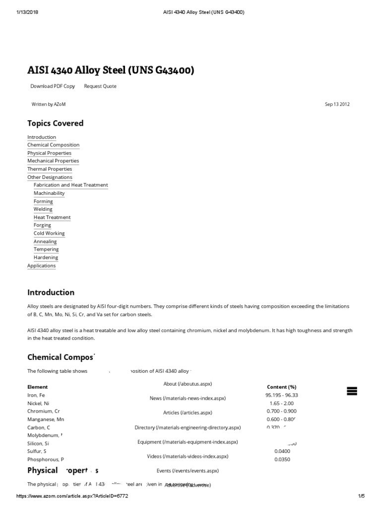 AISI 4340 Alloy Steel (UNS G43400) : Topics Covered | PDF | Alloy | Steel