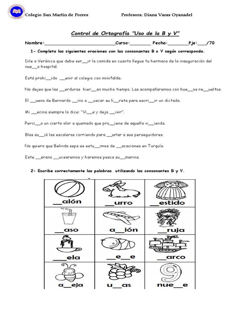 Control de Ortografía: Uso de B y V | PDF | Artes del Lenguaje y ...
