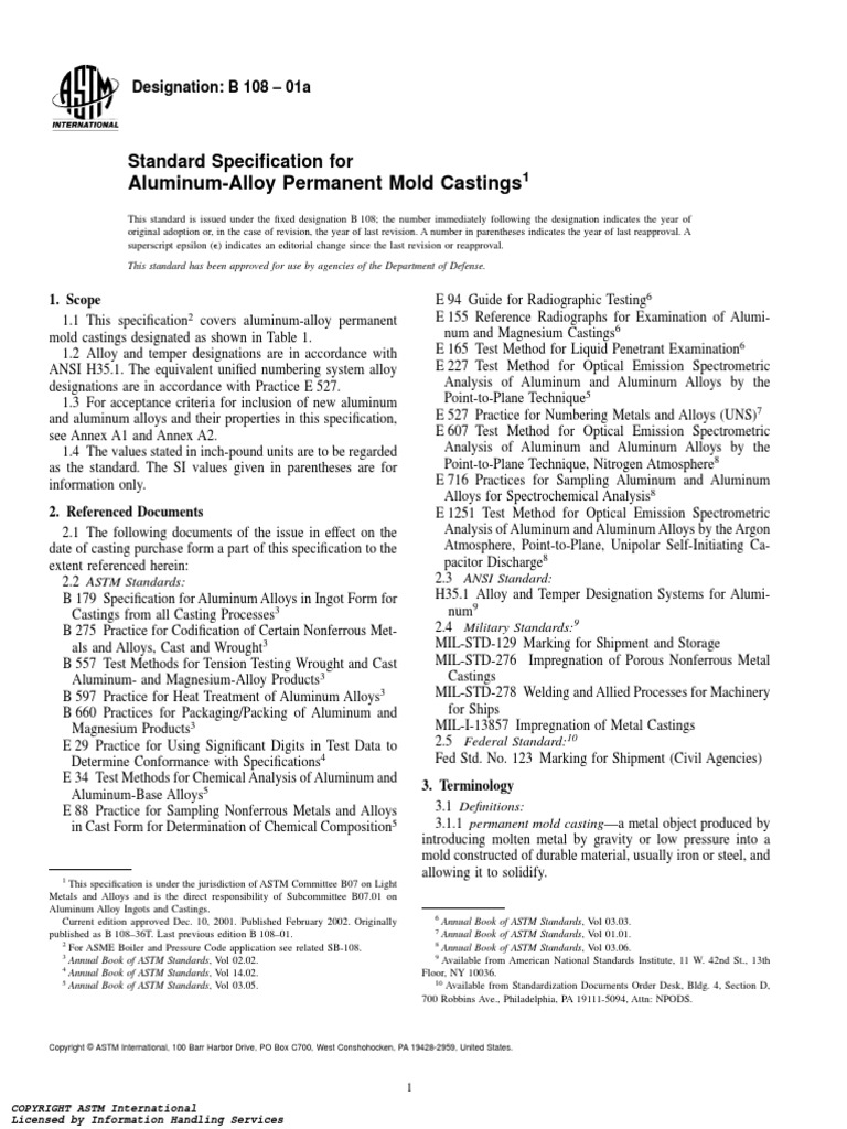 Astm B108 (2001) | PDF | Foundry | Casting (Metalworking)