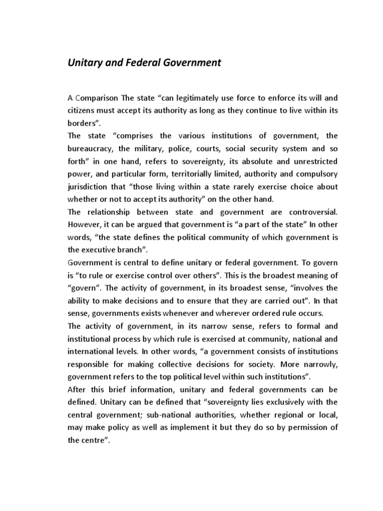 Unitary vs Federal Government Comparison | PDF | Federalism | Federation