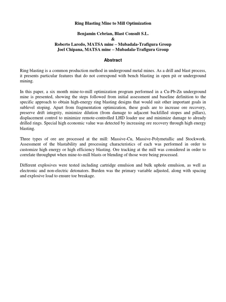 Ring Blasting Optimization at MATSA Mine | PDF | Mining | Explosive ...