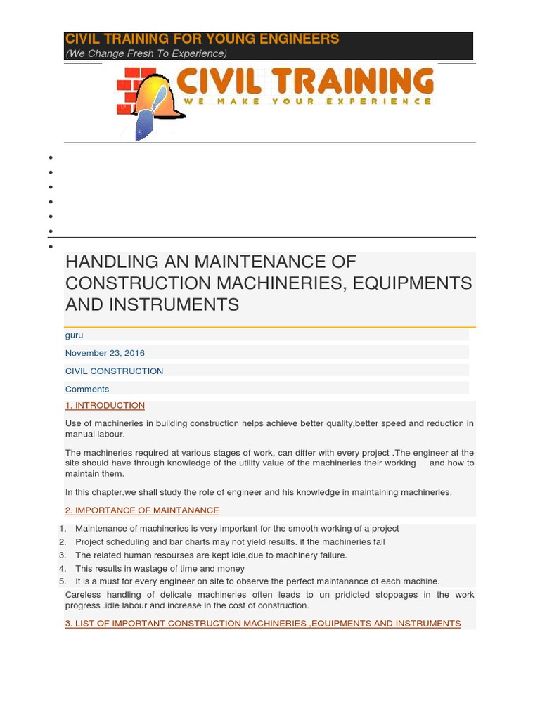 Handling An Maintenance of Construction Machineries, Equipments and ...