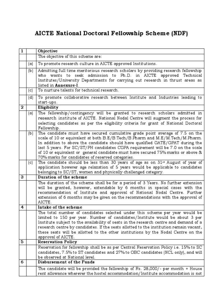 AICTE National Doctoral Fellowship Scheme (NDF) : 1 Objective | PDF ...