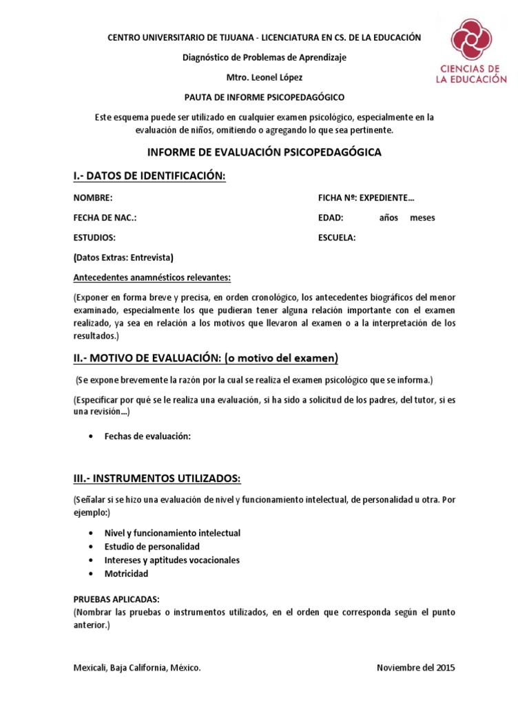 Ejemplo de Informe Psicopedagogico | PDF | Prueba (evaluación ... Ejemplo de Informe Psicopedagogico | PDF | Prueba (evaluación ...