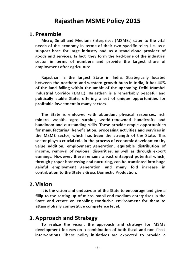 Rajasthan MSME Policy 2015 | PDF | Small And Medium Sized Enterprises ...