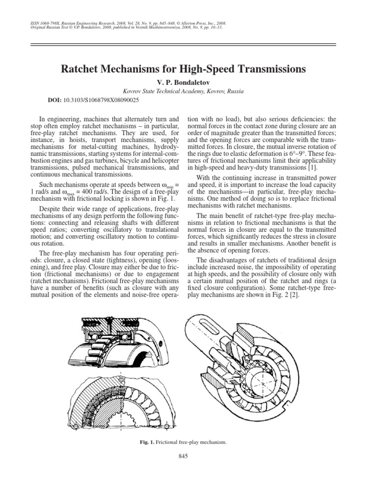 Ratchet Mechanisms For High-Speed Transmissions: V. P. Bondaletov | PDF ...