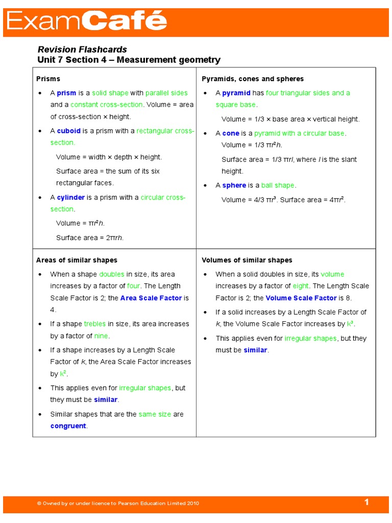 Flashcards Unit 7 Section 4 Measurement Geometry | PDF
