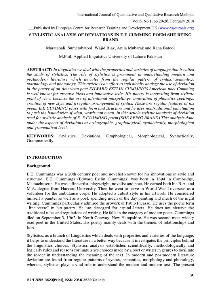 Stylistic Analysis of Deviations in E.E Cumming Poem She Being Brand 1 ...