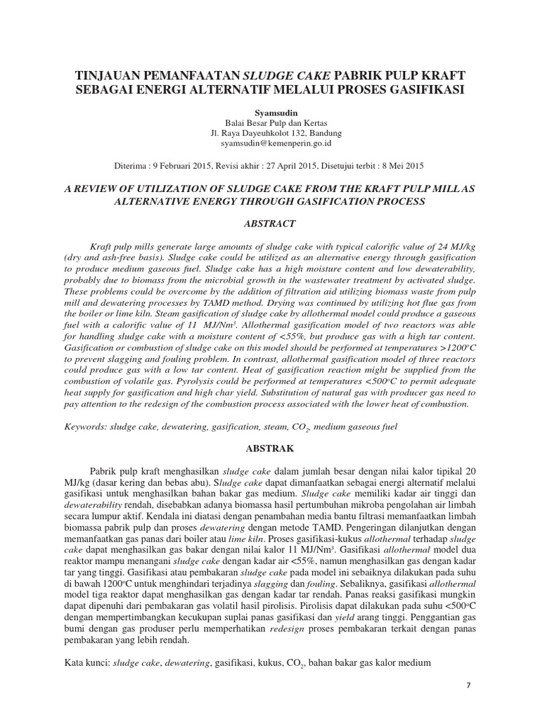 Tinjauan Pemanfaatan Sludge Cake Pabrik Pulp | PDF | Gasifikasi | Pengetahuan Prosedural