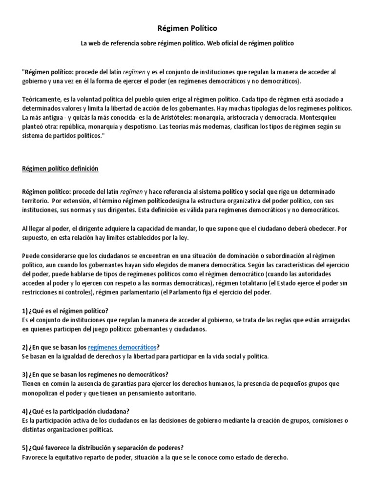 Definición y Tipos de Régimen Político | PDF | República | Democracia