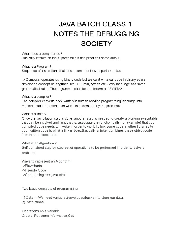 Java Batch Class 1 Notes Pdf Source Code Programming Language