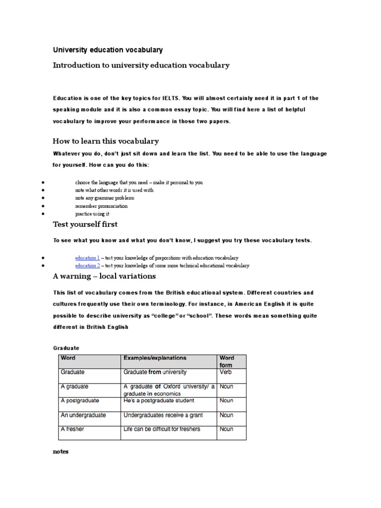 University Education Vocabulary | PDF | Academic Degree | Master's Degree
