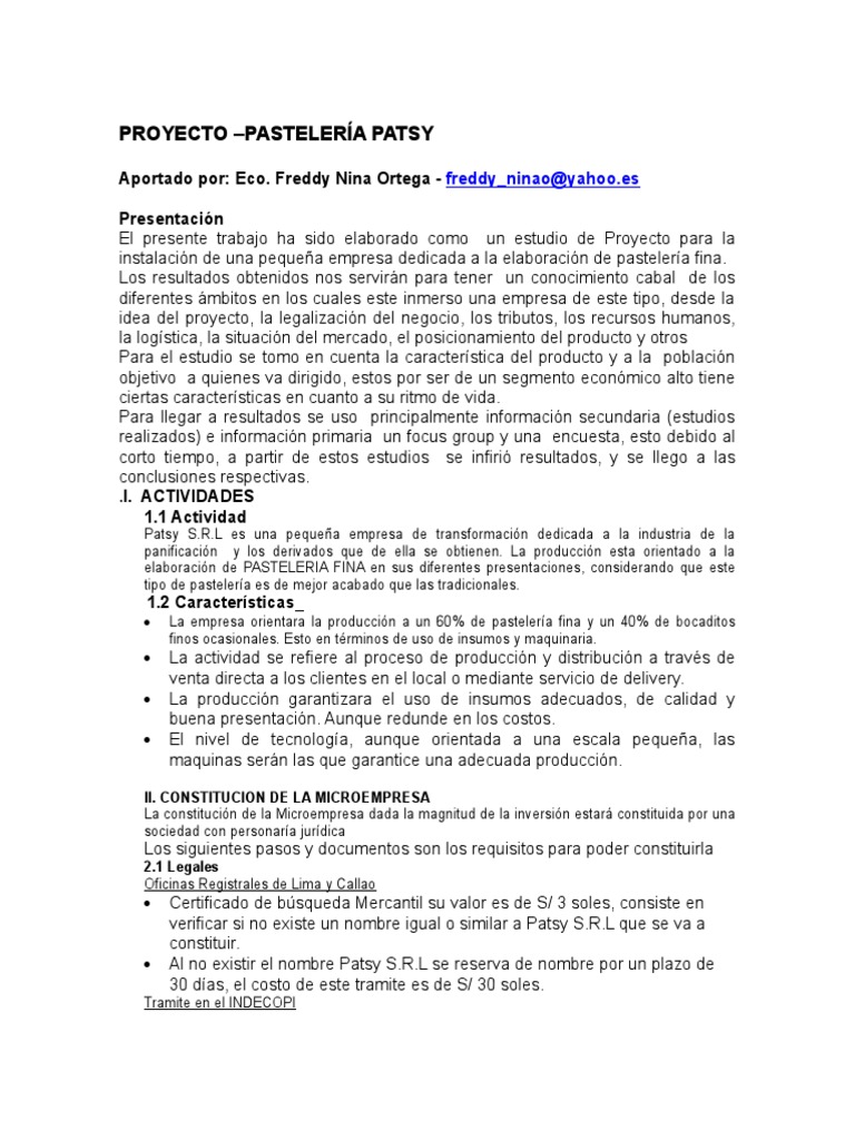 Proyecto Pasteleria Patsy | PDF | Sociedad de responsabilidad limitada ...