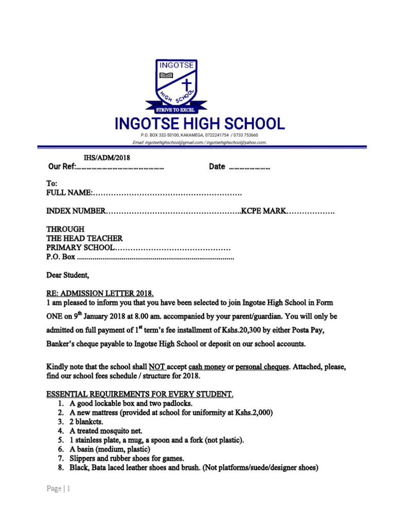 Ingotse High School Admission Letter 2018 | PDF