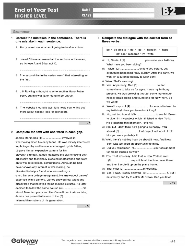 B2 End of Year Test Higher | PDF | Menu