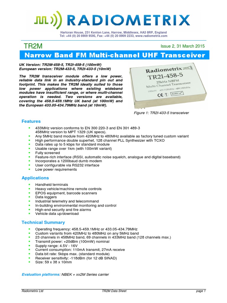 Narrow Band FM Multi-Channel UHF Transceiver: Features | PDF ...