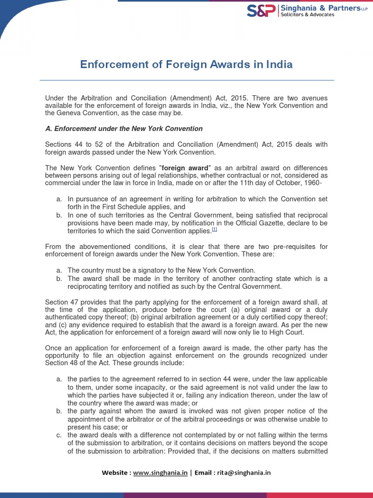Enforcement of Foreign Awards in India | PDF | Arbitration | Arbitral ...