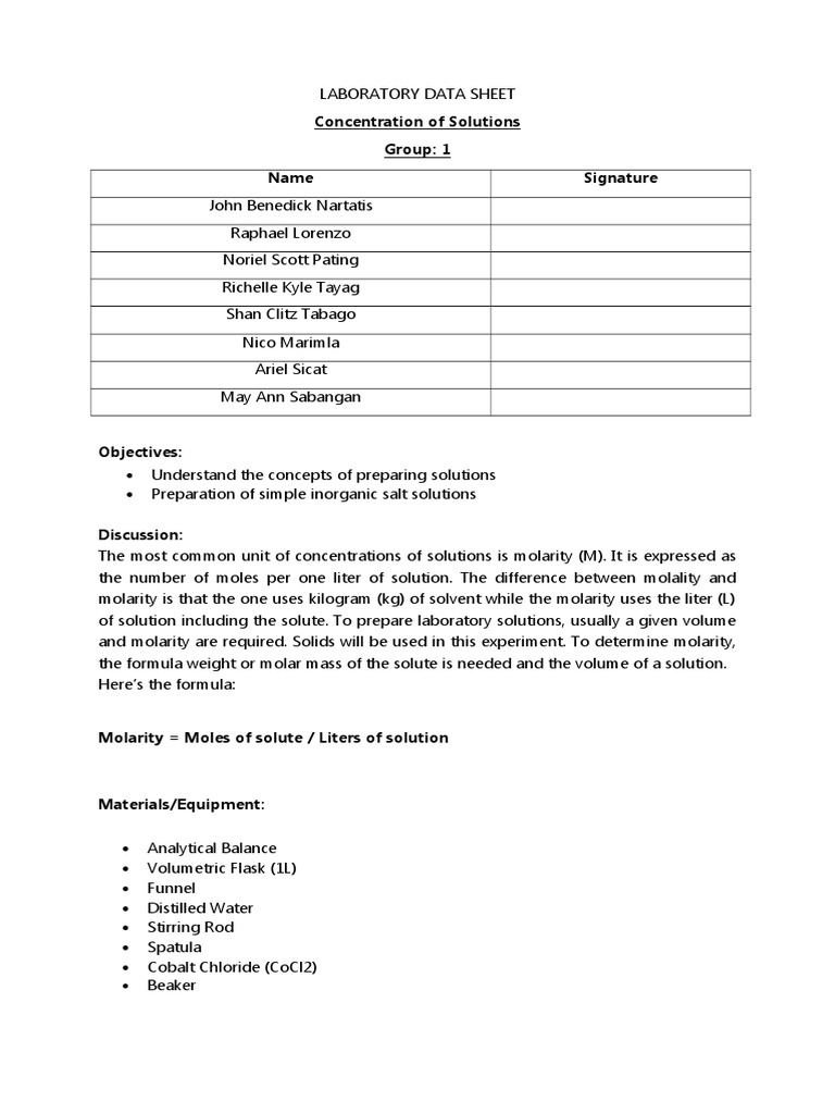 Laboratory Data Sheet Group 1 Chem Lab More | PDF | Solution | Chemistry