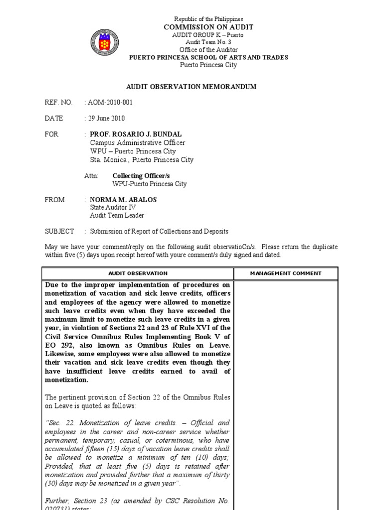 AOM 2010-001 Submission of Report of Collection and Deposit ...