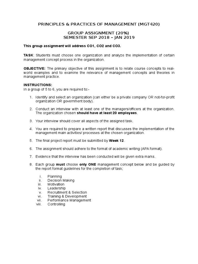 Principles & Practices of Management (Mgt420) Group Assignment (20% ...