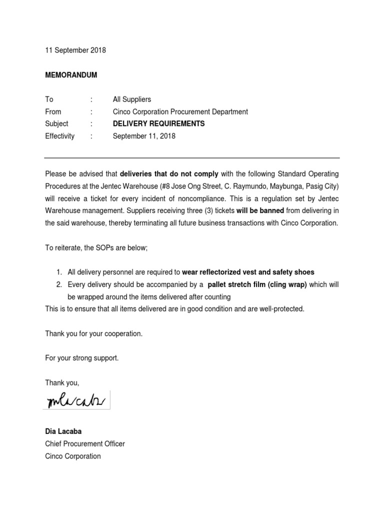 Memo - Delivery Requirements | PDF