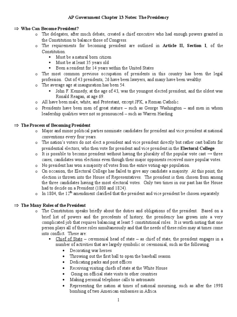 AP Government Chapter 13 Notes: The Presidency | PDF | Presidents Of ...