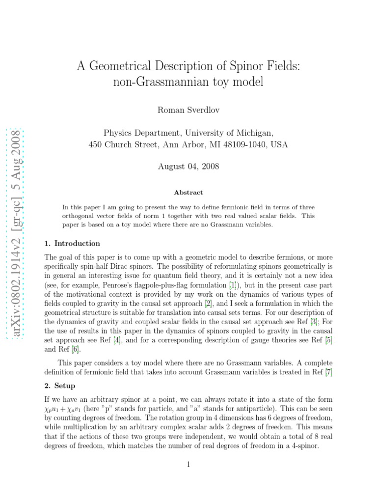 A Geometrical Description of Spinor Fields: Non-Grassmannian Toy Model ...