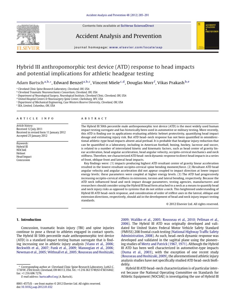 Hybrid III Anthropomorphic Test Device (ATD) Response To Head Impacts ...
