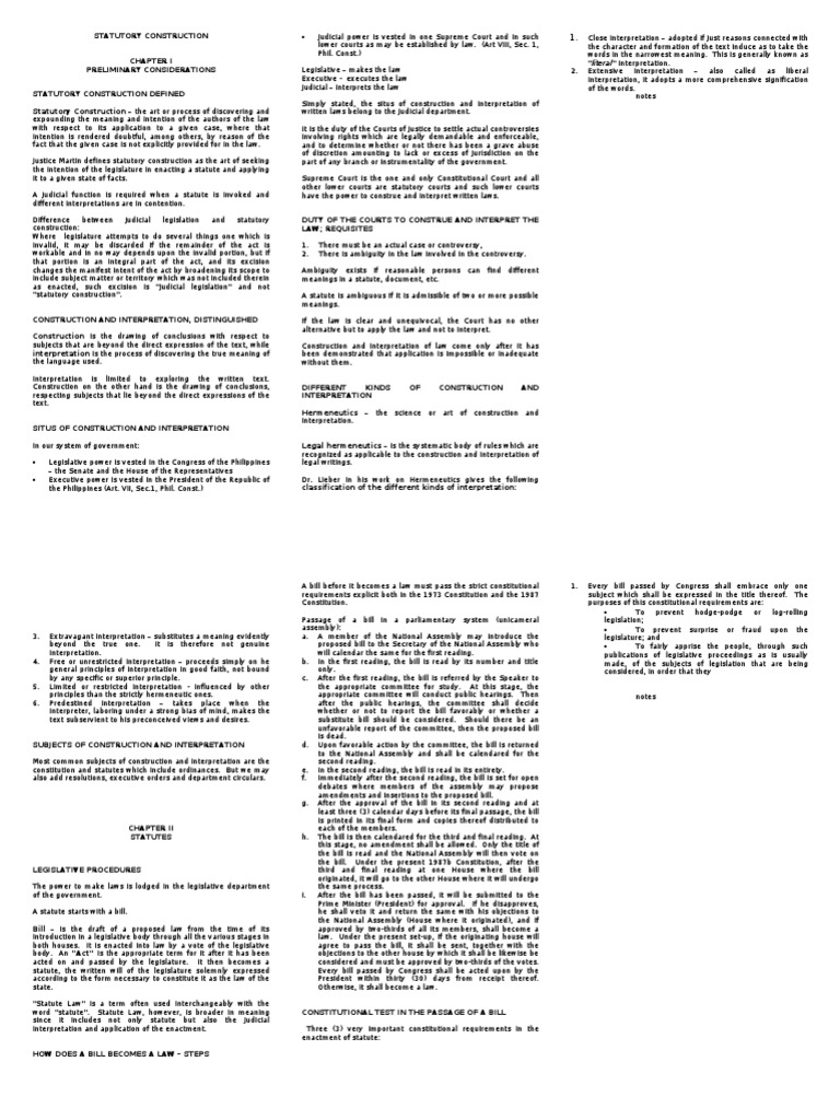 Statcon Agpalo Notes | PDF | Statutory Interpretation | Bill (Law)