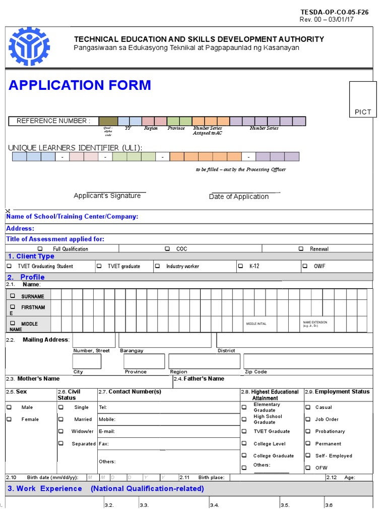 Application Form: Technical Education and Skills Development Authority ...