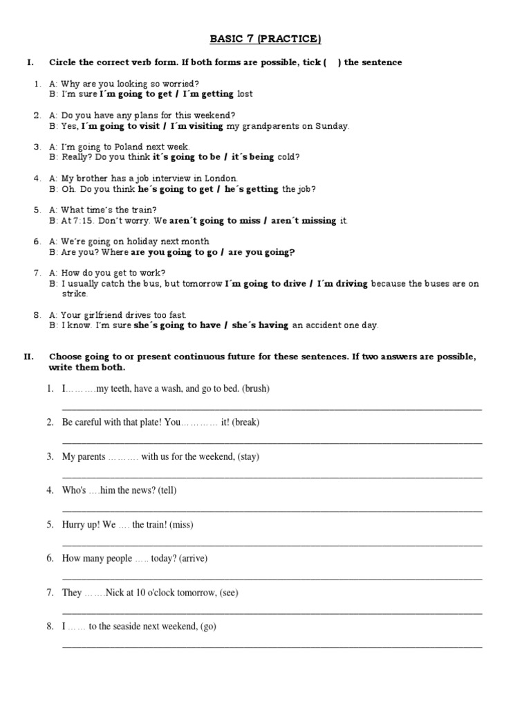 Basic 7 (Practice) : I. Circle The Correct Verb Form. If Both Forms Are ...
