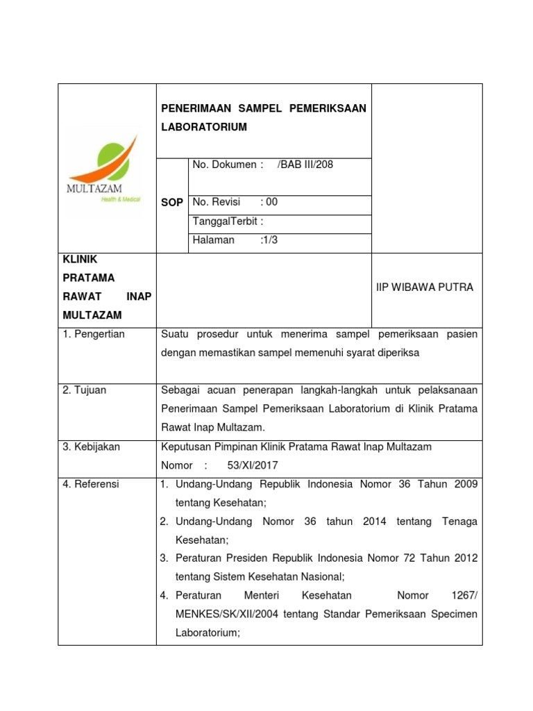 Sop Penerimaan Sampel 2018 | PDF