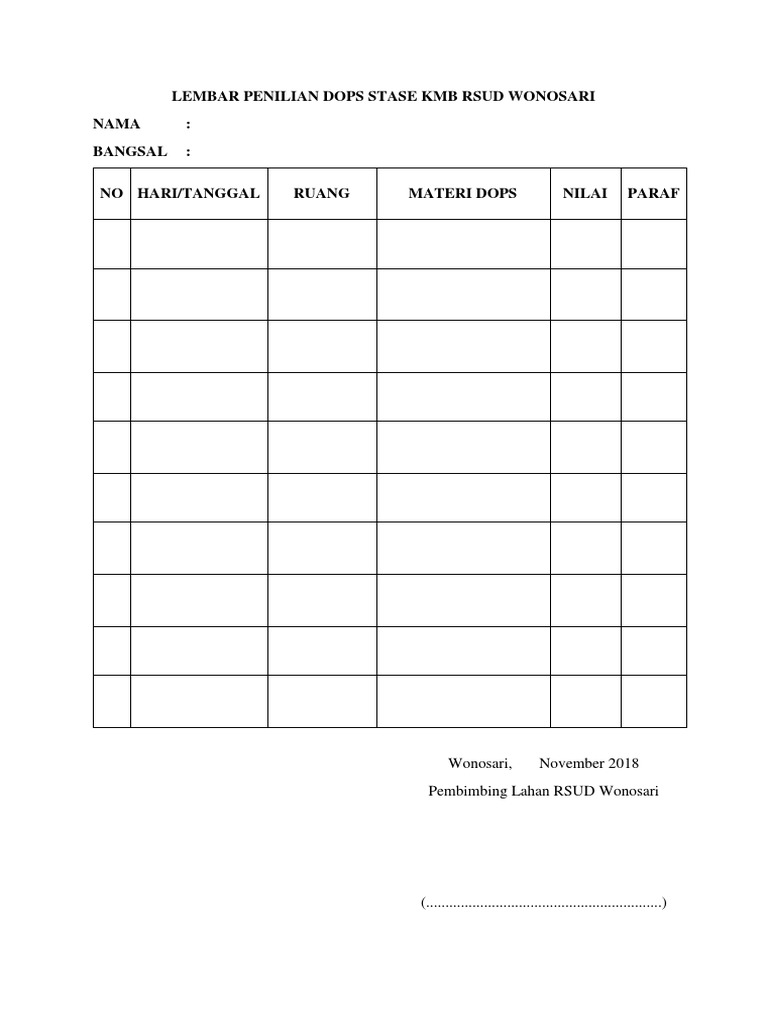 Lembar Penilian Dops Stase KMB Rsud Wonosari Nama: Bangsal | PDF