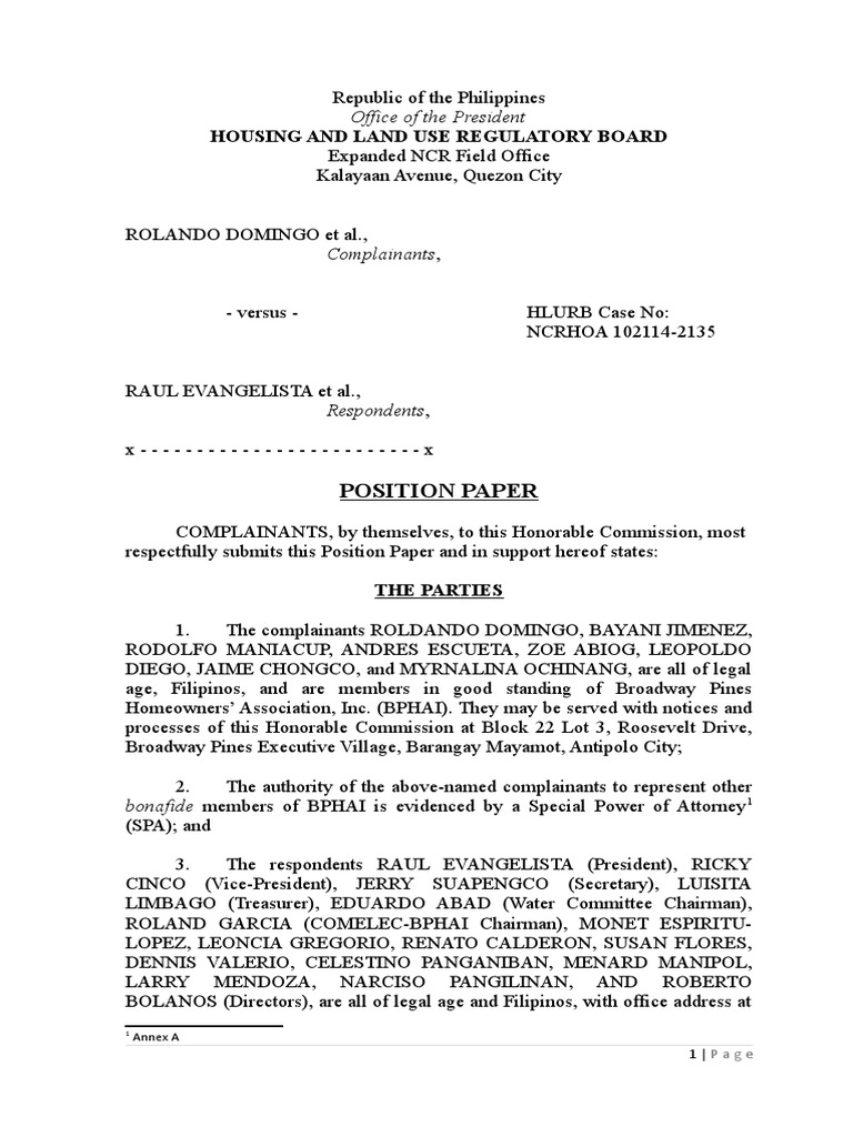 Hlurb Position Paper Sample | PDF | Board Of Directors | Financial ...