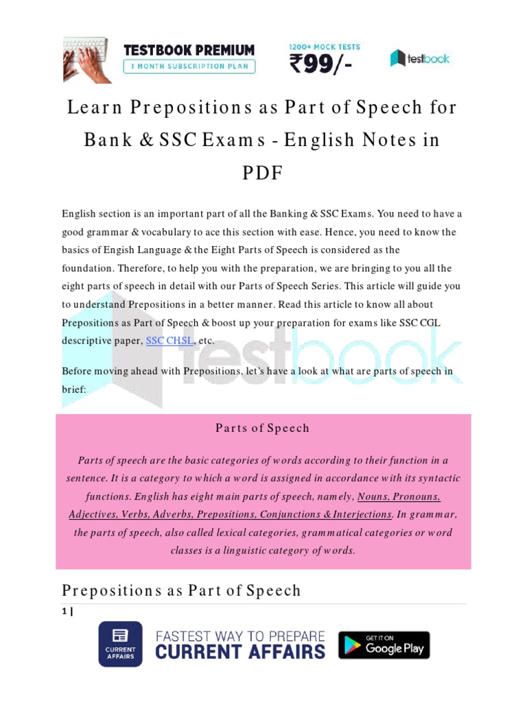 Learn Prepositions As Part of Speech For Bank | PDF | Part Of Speech | Preposition And Postposition