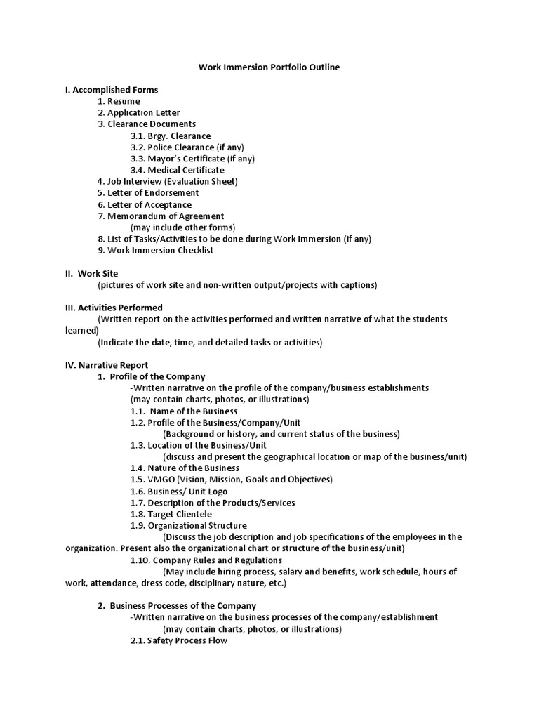 Work Immersion Portfolio Outline I. Accomplished Forms | PDF | Business ...