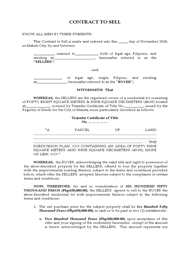 Sample Contract to Sell Property | PDF | Taxes | Prices