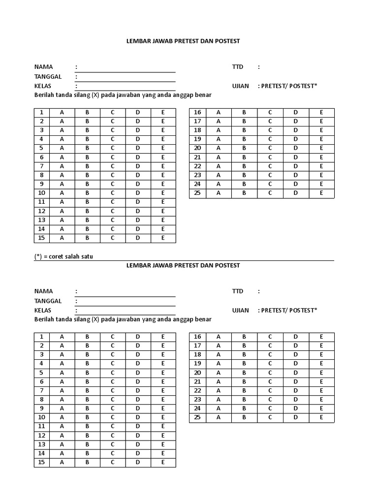 Pretest Postest Answer Sheet | PDF