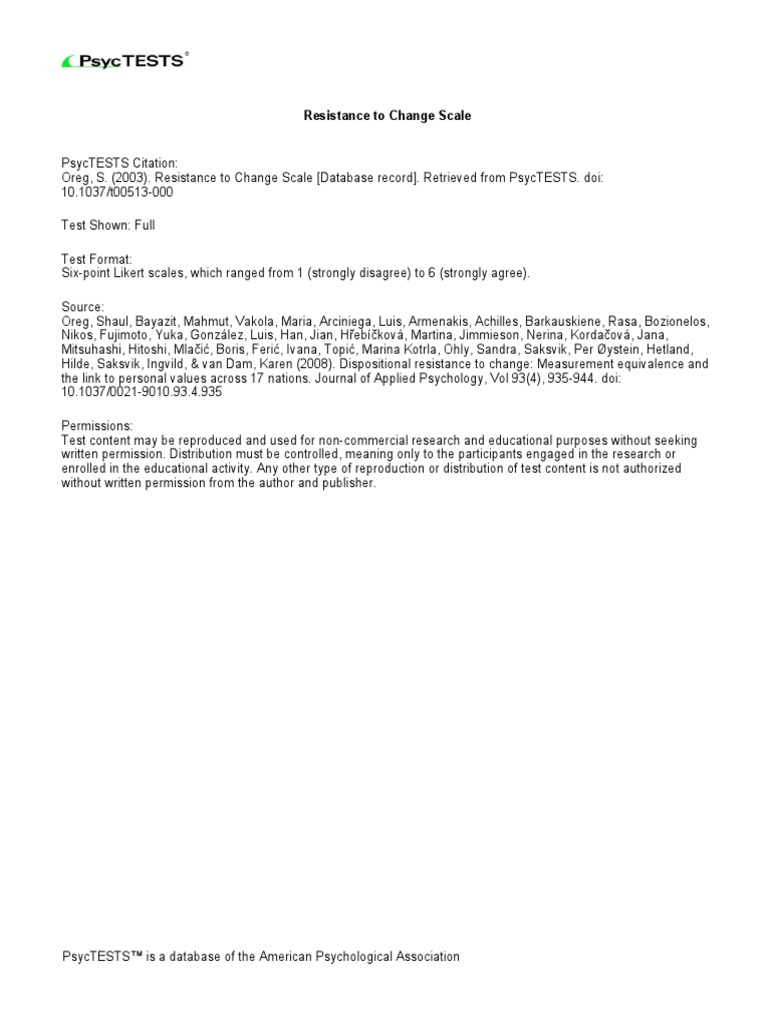 Resistance To Change Scale - Self Scoring | PDF | Mind | Clinical ...