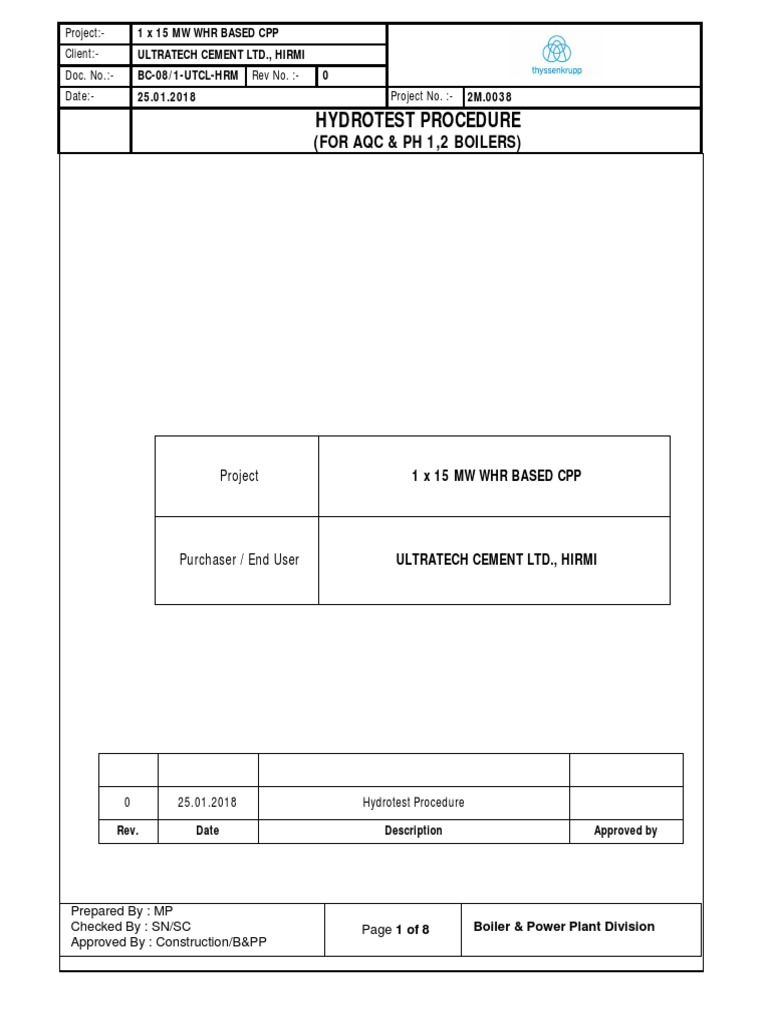 Hydrotest Procedure for AQC Boiler | PDF | Boiler | Chemical Engineering