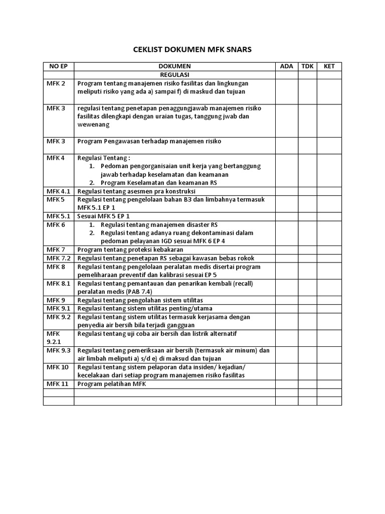 Ceklist Dokumen MFK Snars | PDF